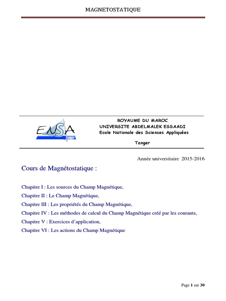 Cours de Magnétostatique 2015-2016 | PDF | Champ magnétique | Équations ...