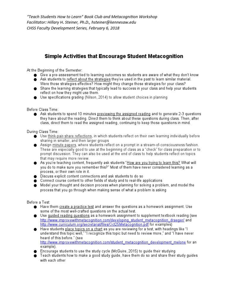 Simple Activities That Encourage Student Metacognition | PDF ...