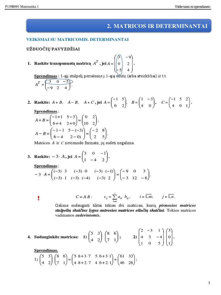 2.1S. Veiksmai Su Matricomis. 2 Ir 3 Eilės Determinantai PDF | PDF