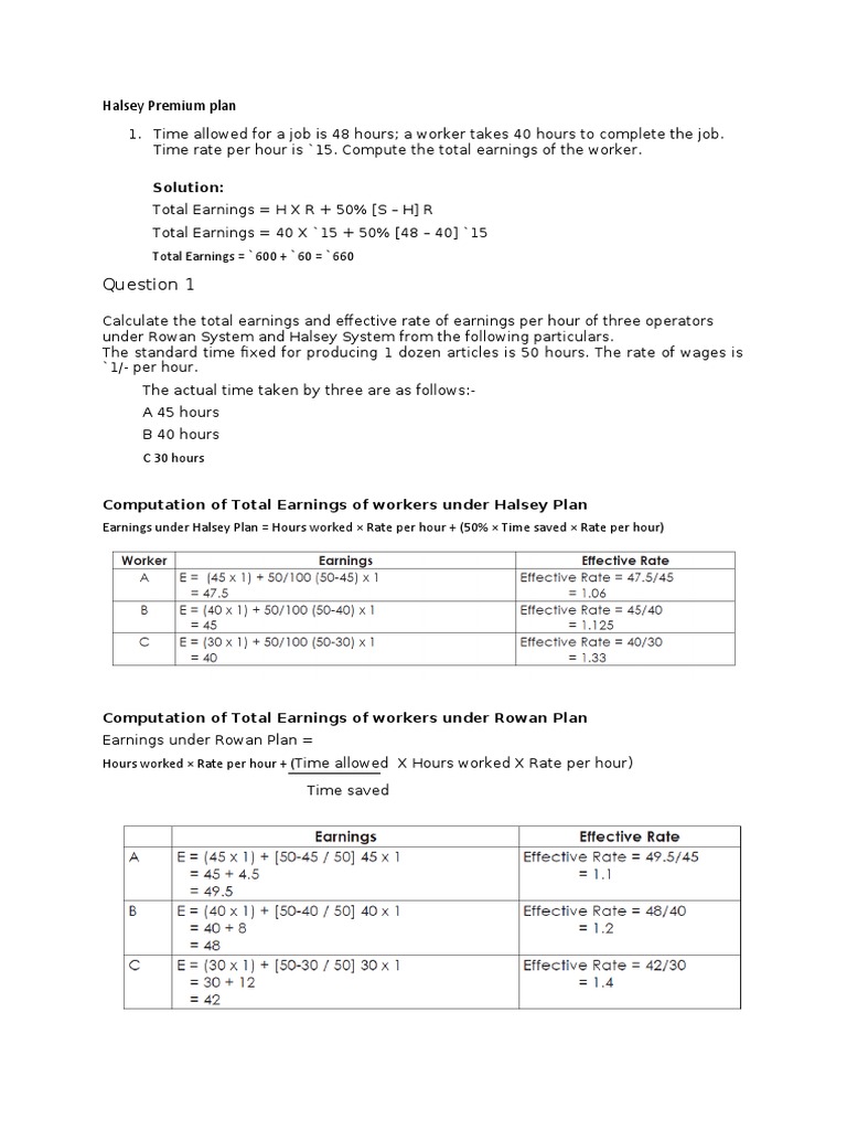 Halsey Premium Plan | PDF | Piece Work | Wage
