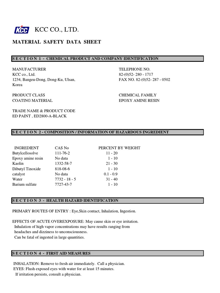 KCC Co., LTD.: Material Safety Data Sheet | PDF | Firefighting ...