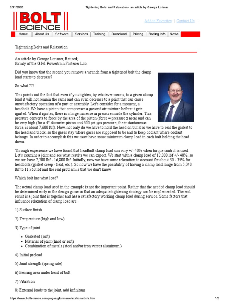Tightening Bolts and Relaxation - An Article by George Lorimer | PDF ...