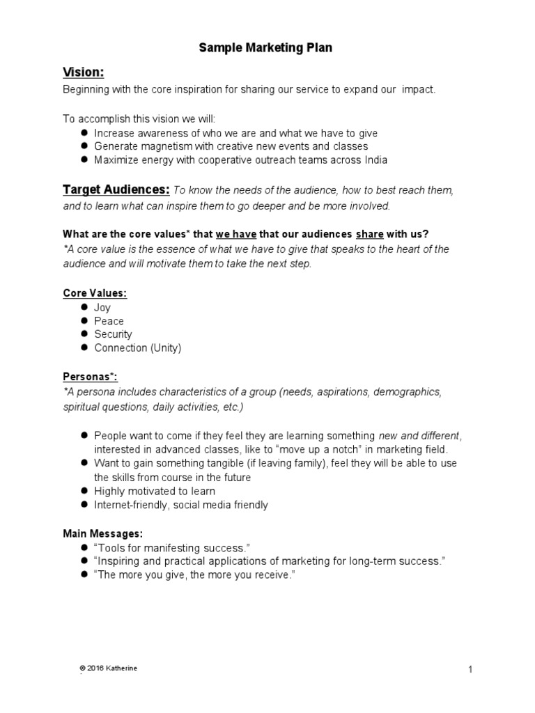 Sample Marketing Plan Vision:: What Are The Core Values That We Have ...