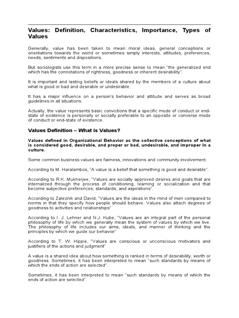 Values - Definition, Characteristics, Importance, Types of Values | PDF ...