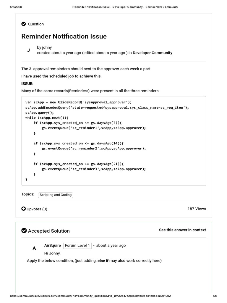 Reminder Notification Issue - Developer Community - ServiceNow Community | PDF | Cyberspace ...