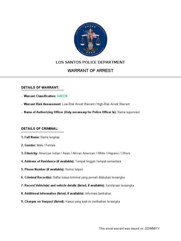 Warrant of Arrest: Los Santos Police Department | PDF