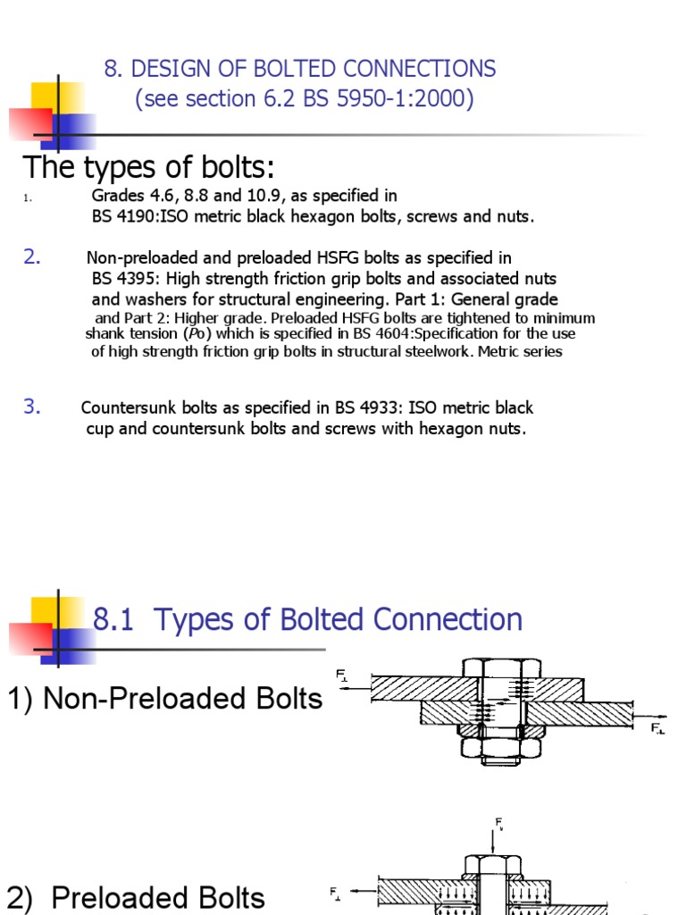The Types of Bolts:: 8. Design of Bolted Connections (See Section 6.2 ...
