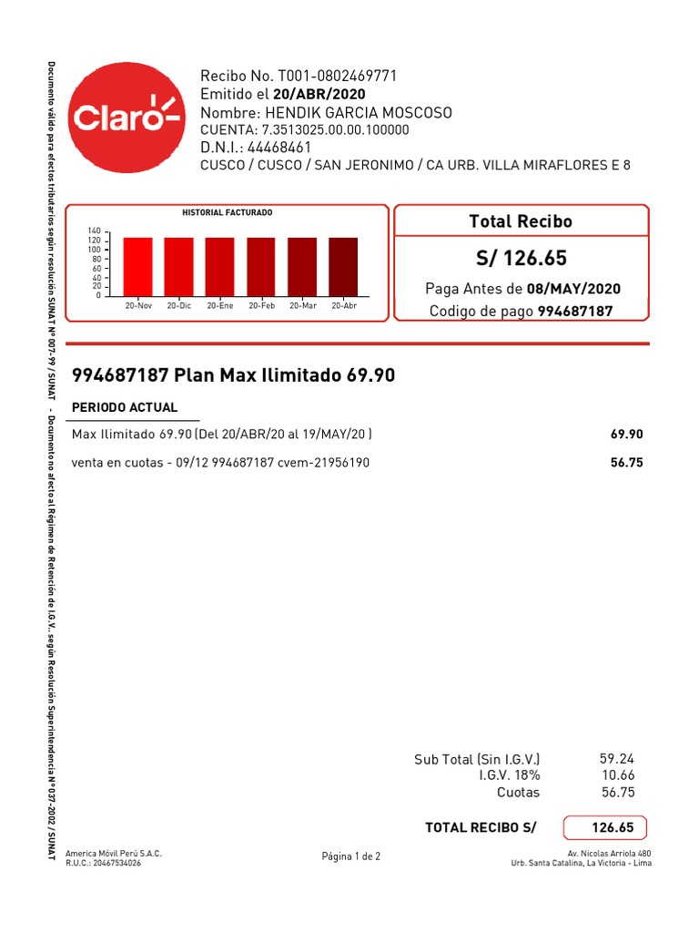 Recibo Claro: Detalles y Pago S/ 126.65 | PDF | Business | Servicio ...