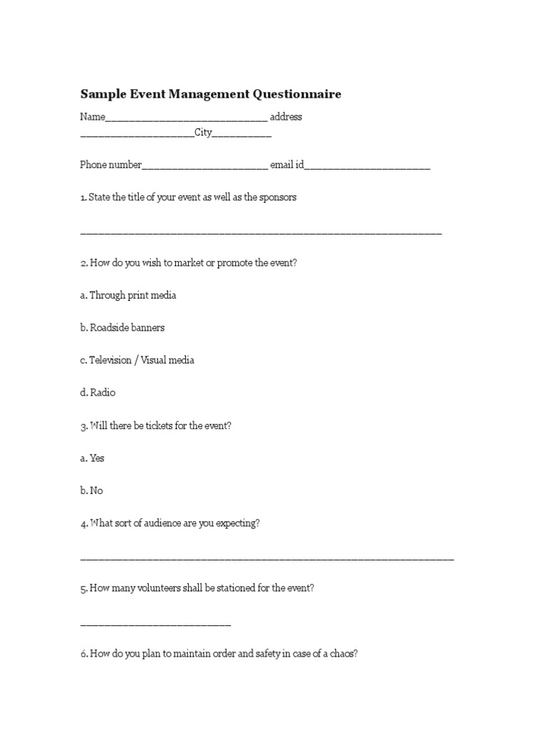 Sample Event Management Questionnaire | PDF