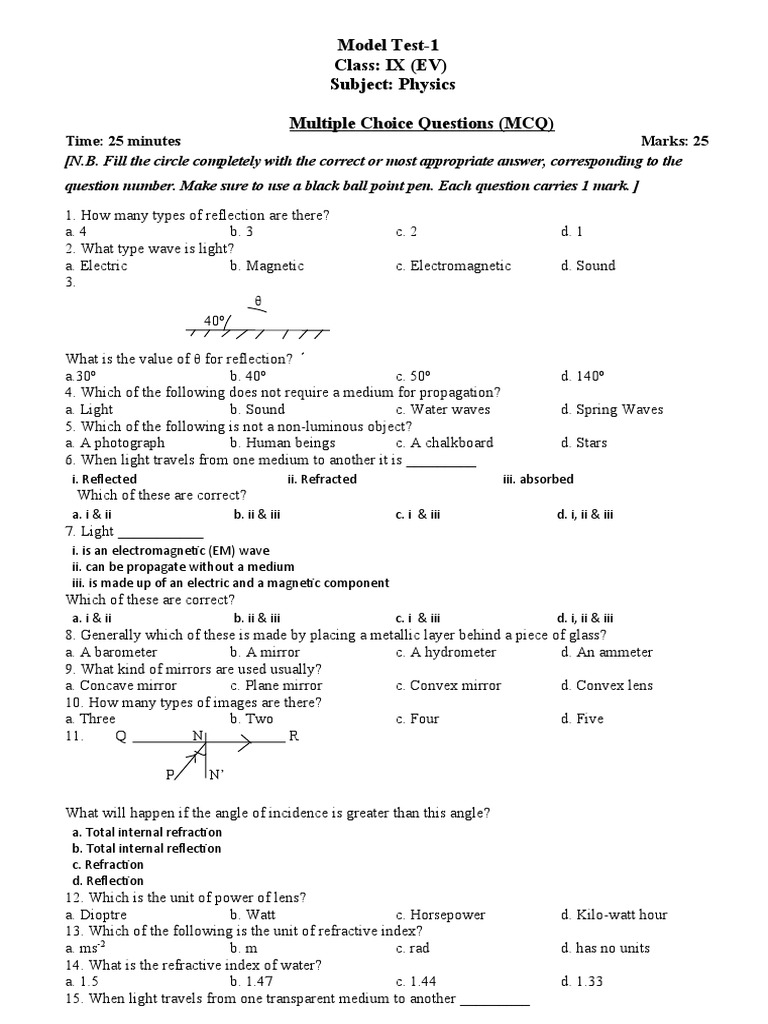 Model Test-1 Class: IX (EV) Subject: Physics Multiple Choice Questions ...