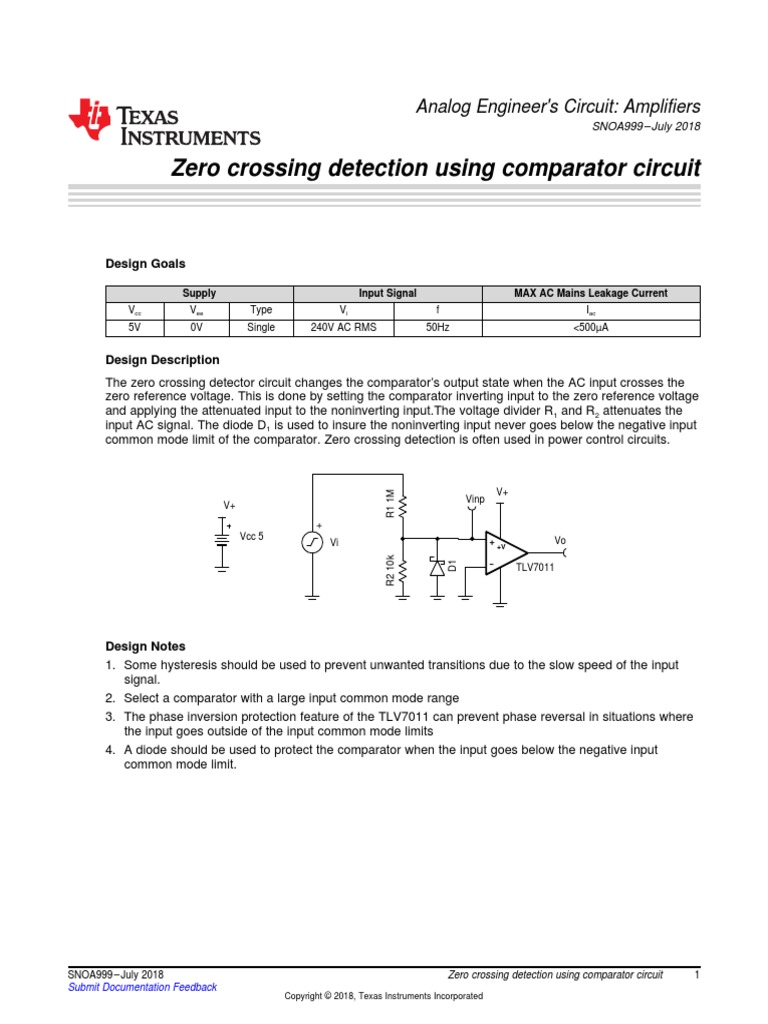 Zero Crossing Detection Using Comparator Circuit: Analog Engineer's Circuit: Amplifiers | PDF ...
