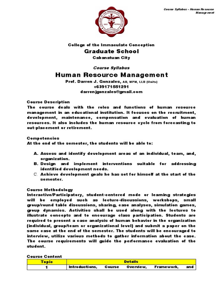 Course Syllabus - Human Resource Management | PDF | Organization ...