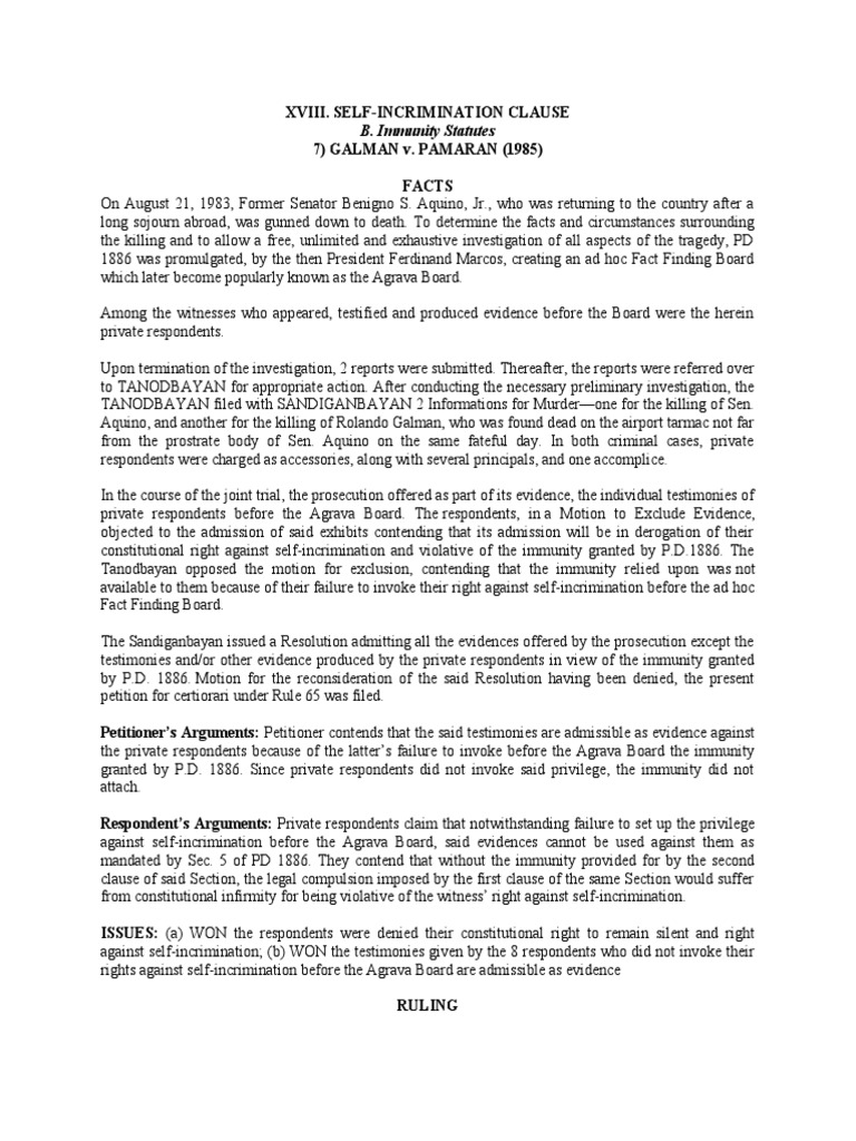 Galman Vs Pamaran Re Self Incrimination Clause | PDF | Right To Silence ...
