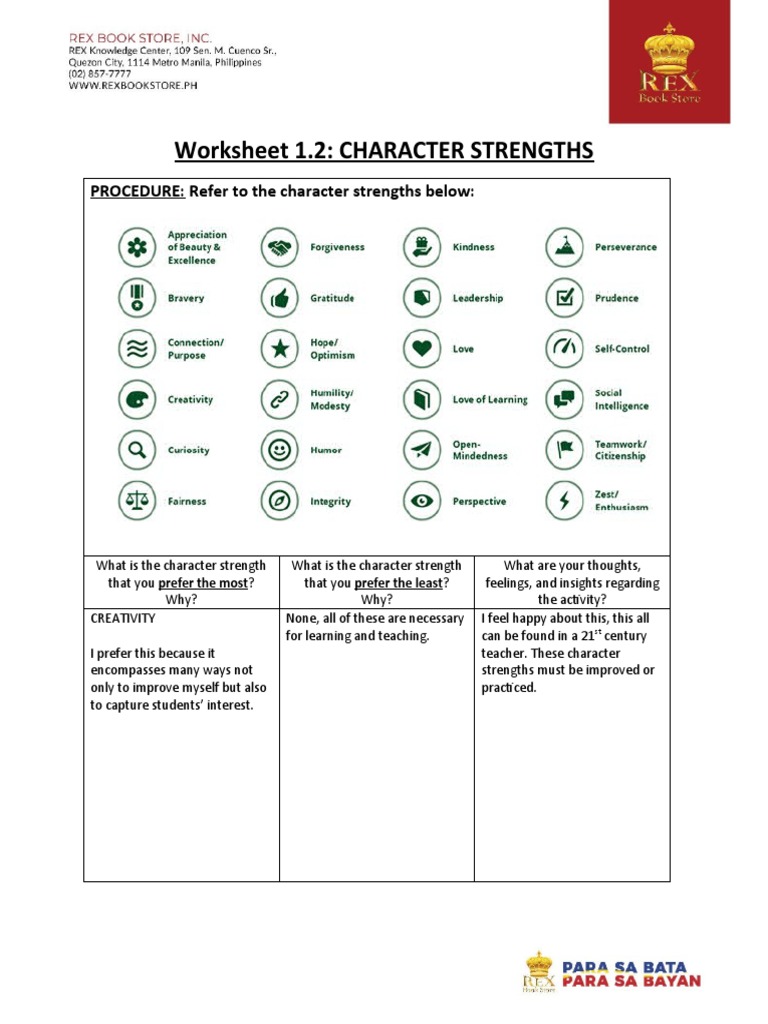 Worksheet 1.2: CHARACTER STRENGTHS | PDF