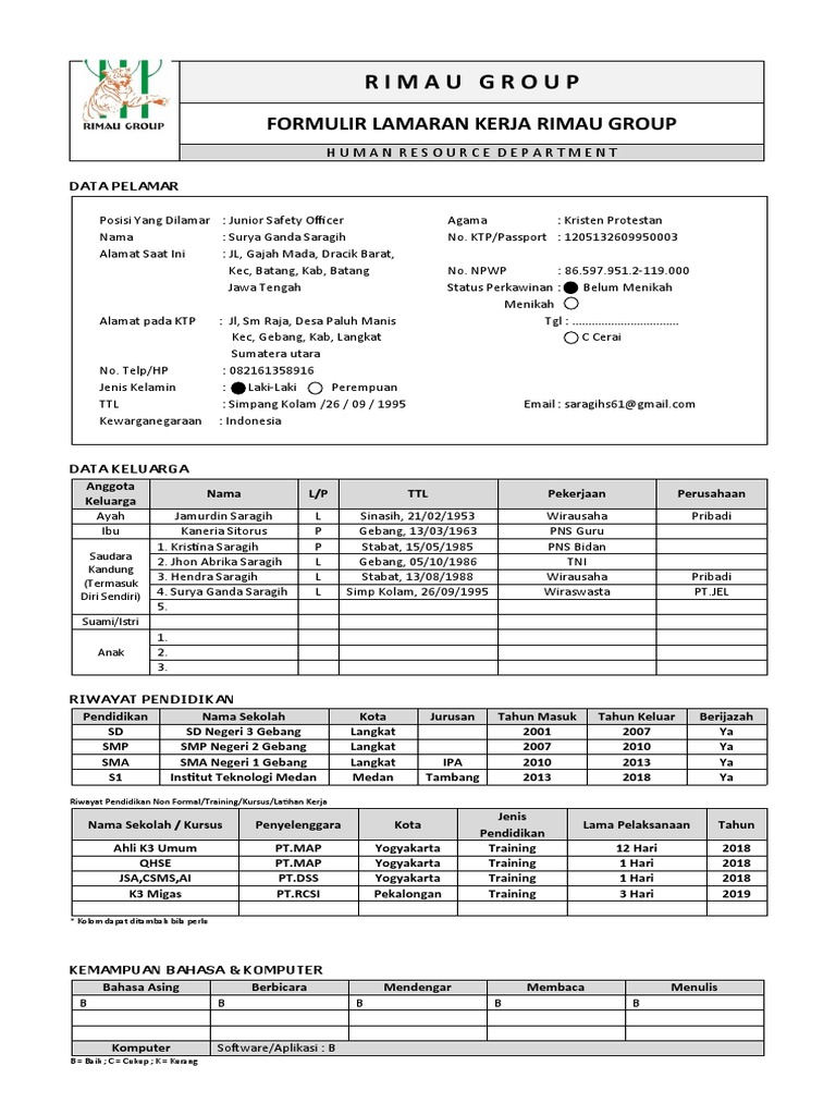 Formulir Lamaran Kerja Rimau Group | PDF