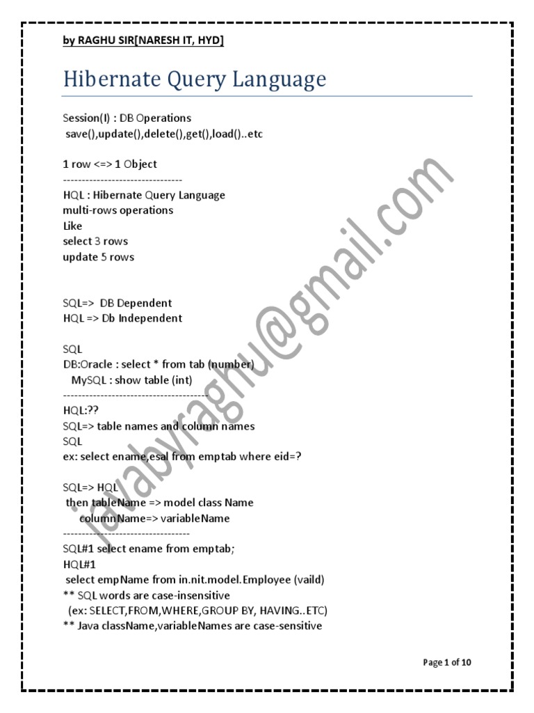 Hibernate Query Language: by Raghu Sir (Naresh It, Hyd) | PDF | Sql ...