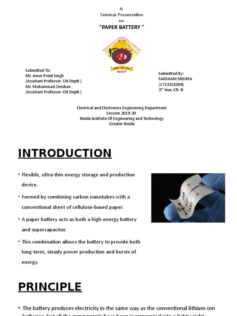 "Paper Battery ": A Seminar Presentation On | PDF | Chemistry | Nature