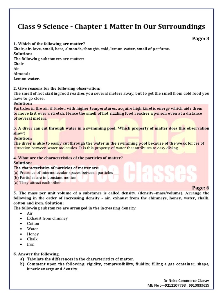 Class 9 Science - Chapter 1 Matter in Our Surroundings PDF | PDF | Gases | Liquids
