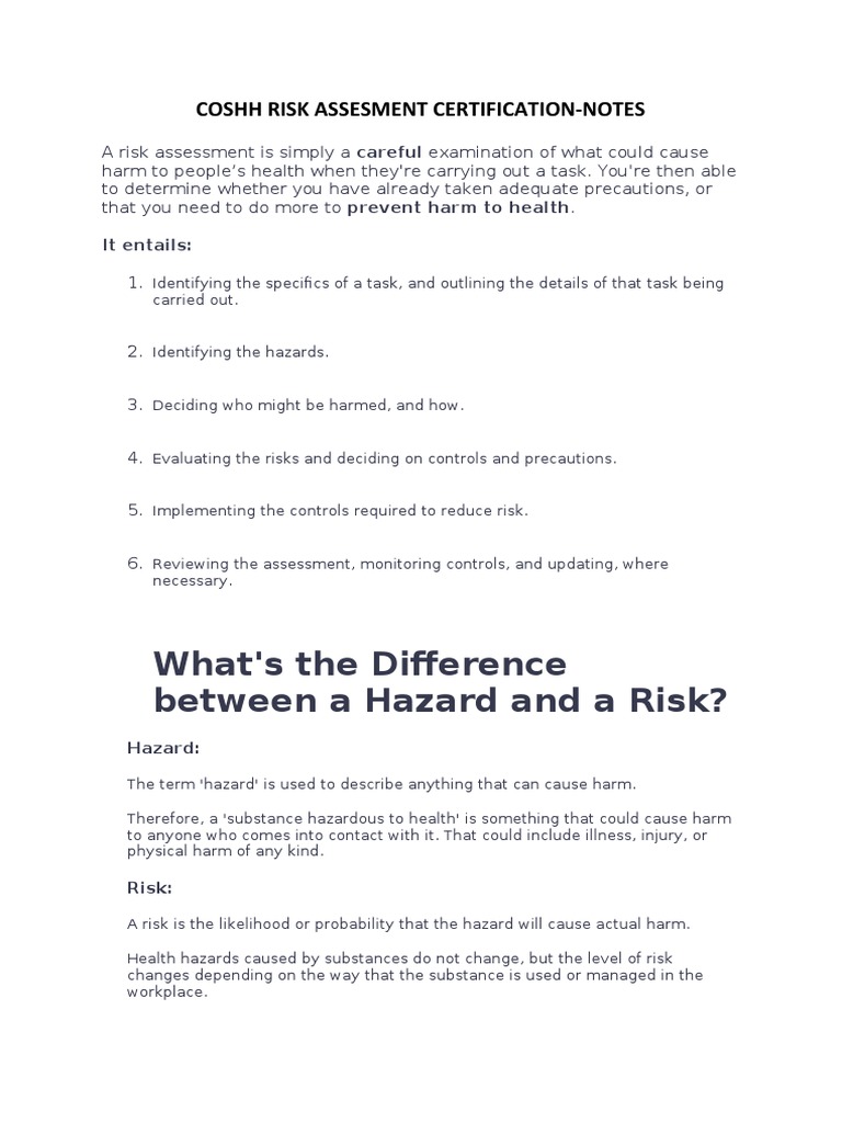 What's The Difference Between A Hazard and A Risk?: Coshh Risk ...