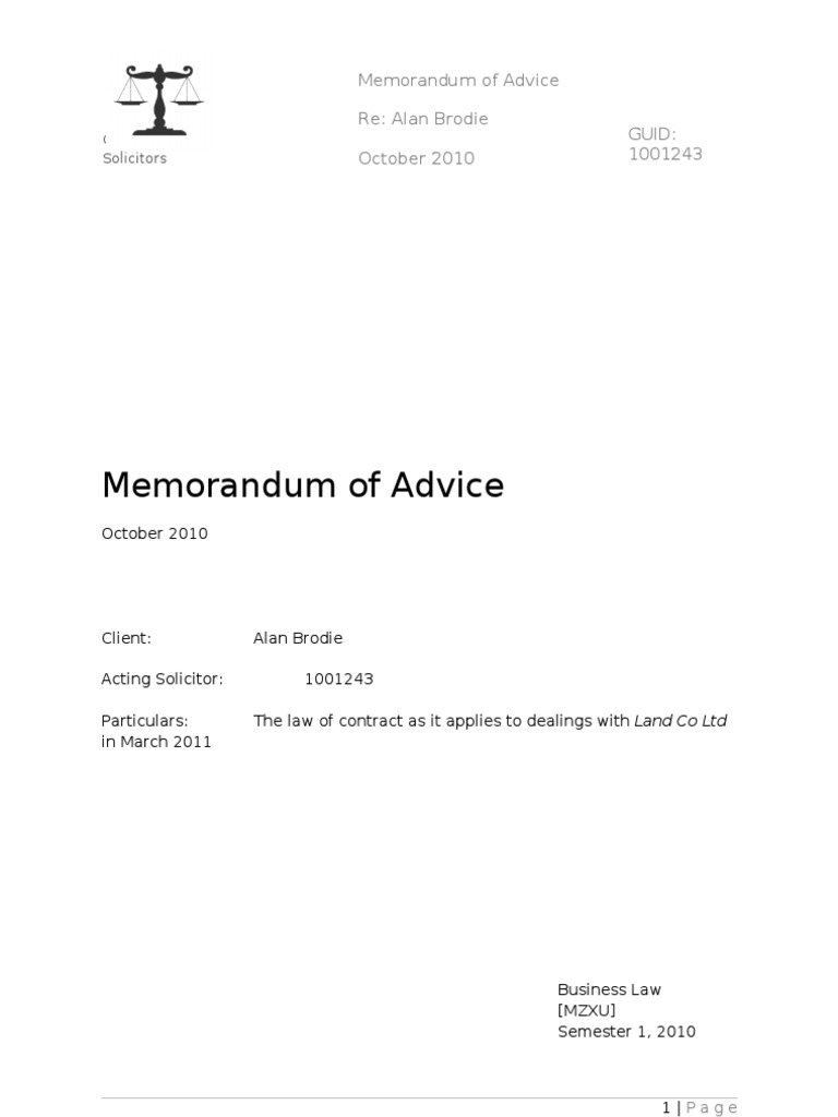 Memorandum of Advice | Offer And Acceptance | Breach Of Contract