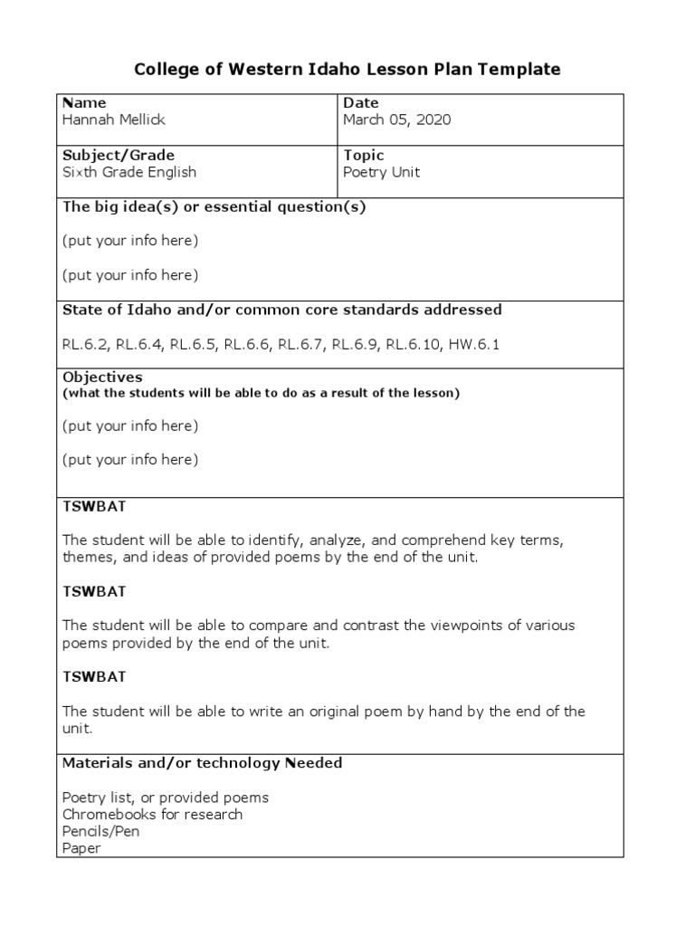 College of Western Idaho Lesson Plan Template: Name Date | PDF