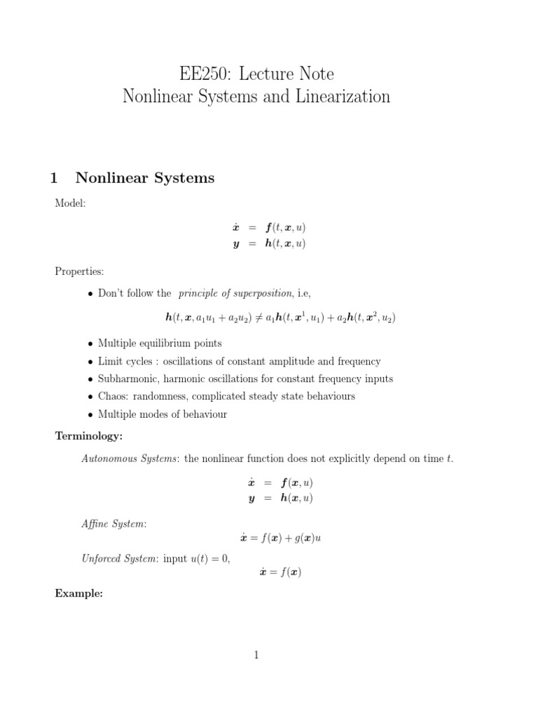 Ee250 Lecture Note Nonlinear Systems And Linearization Pdf Nonlinear System Systems Theory