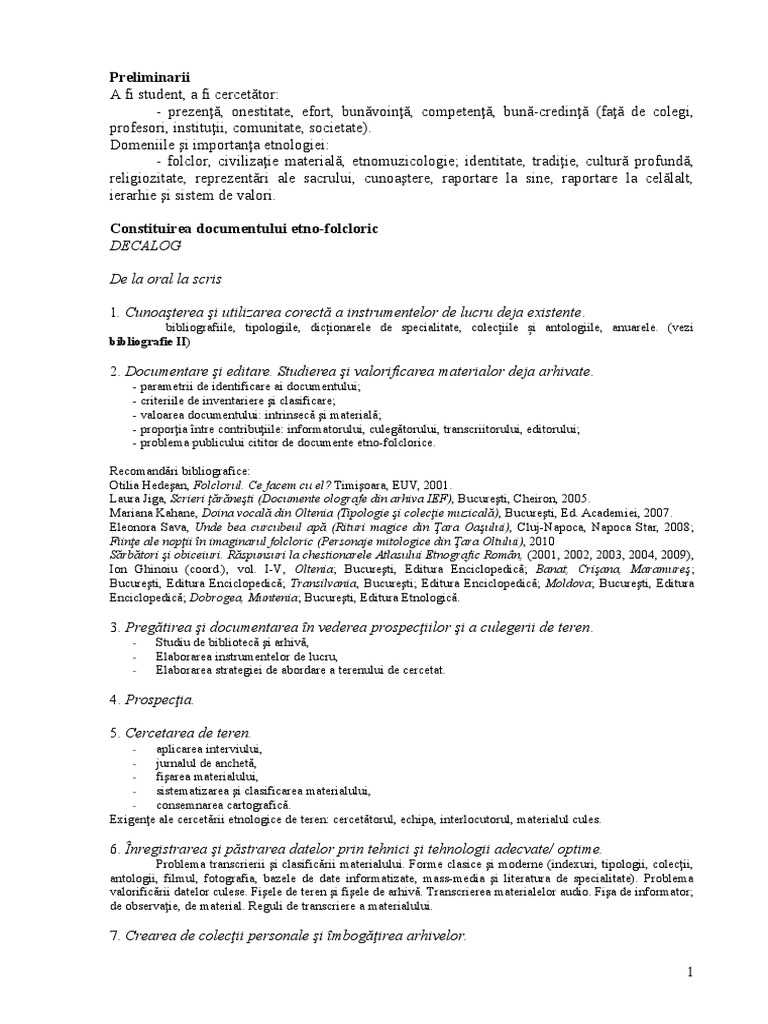 Decalogul Constituirii Documentului Etno Folcloric | PDF