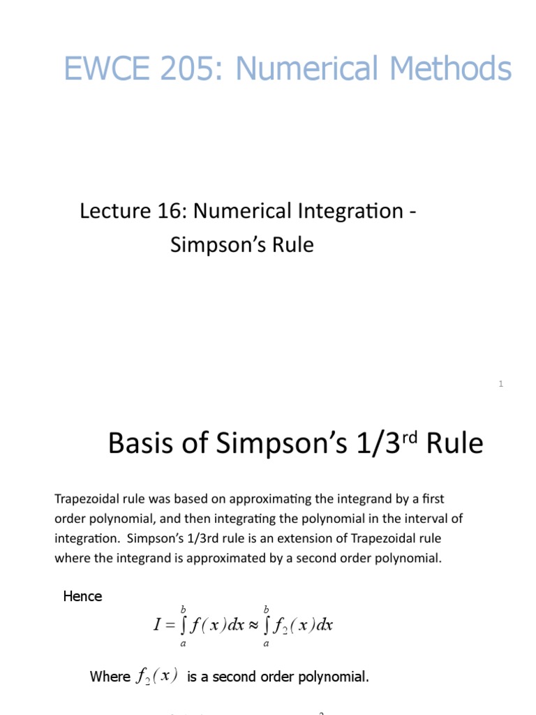 EWCE 205: Numerical Methods: Lecture 16: Numerical Integration - Simpson's Rule | PDF | Integral ...