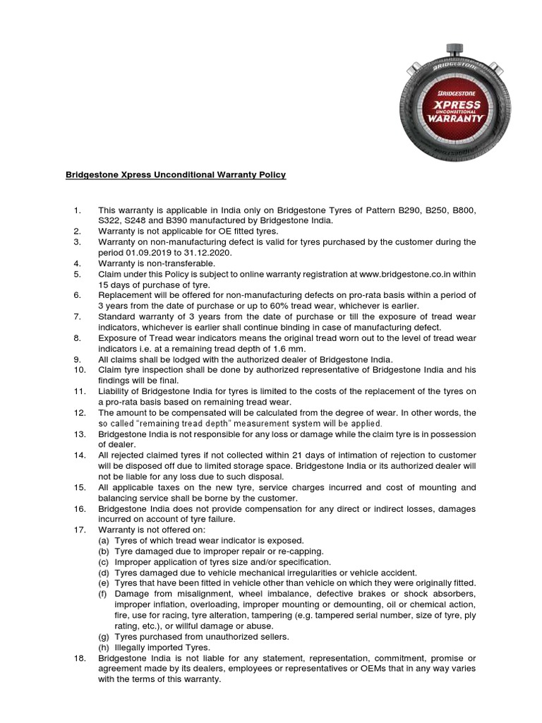 Bridgestone Passenger Tyre Xpress Unconditional Warranty Policy With ...