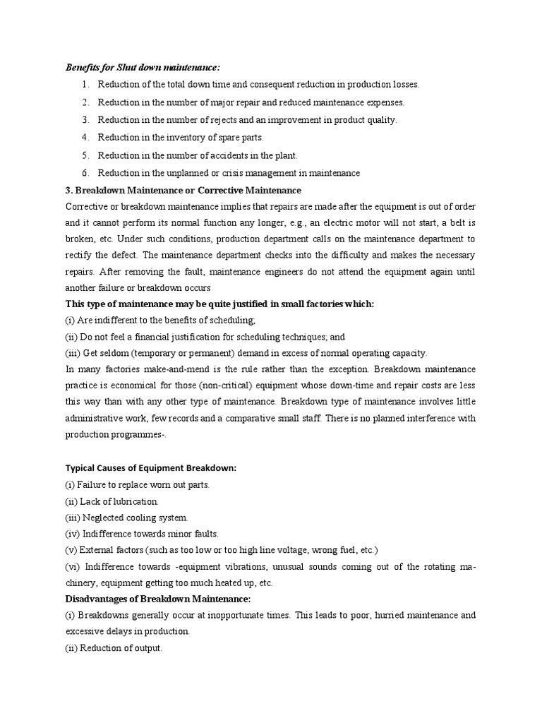 Benefits For Shut Down Maintenance:: 3. Breakdown Maintenance or ...
