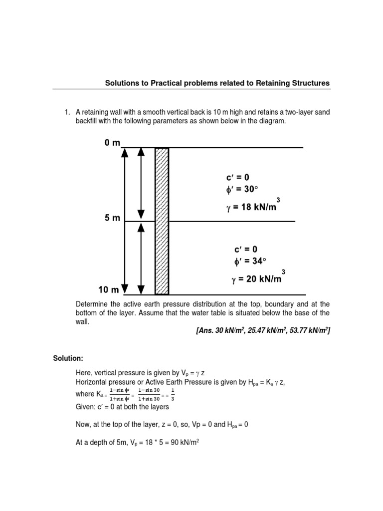 Solutions To Problems of Retaining Structures PDF | PDF | Pascal (Unit) | Pressure