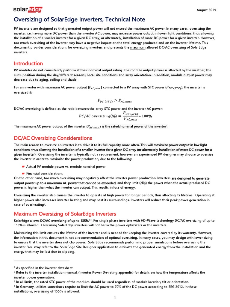 Oversizing of Solaredge Inverters, Technical Note | PDF | Power ...