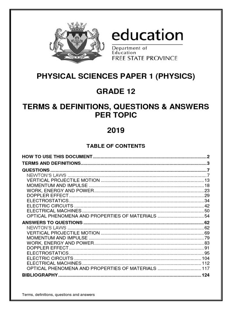 Physical Sciences Paper 1 (Physics) Grade 12 Terms & Definitions ...