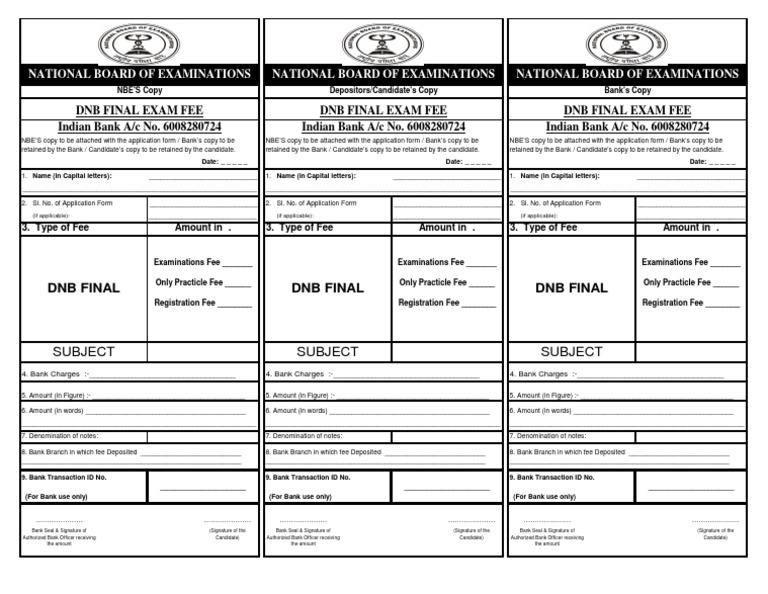 Indian Bank Challan For DNB FINAL Exam Fee 6008280724 | PDF | Banking ...
