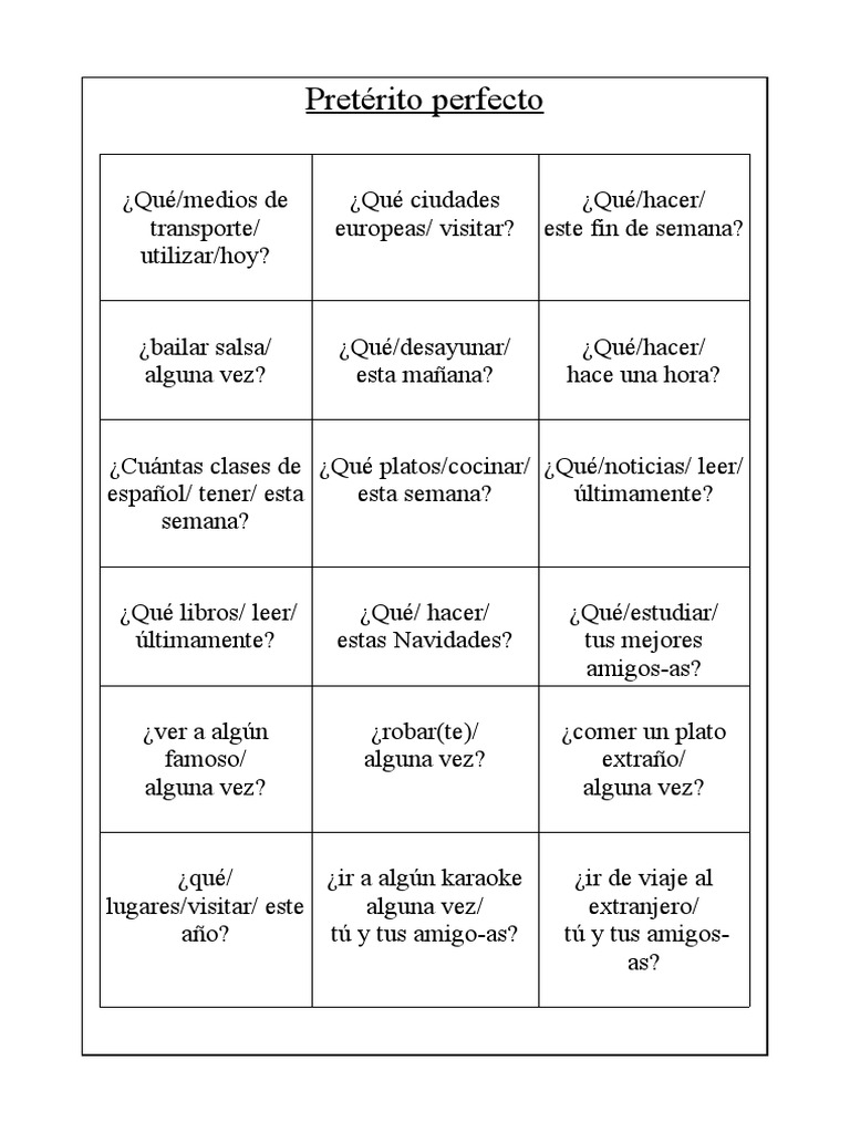 Preterito Perfecto Preguntas Actividades y Juegos Unoauno - 6769 | PDF ...