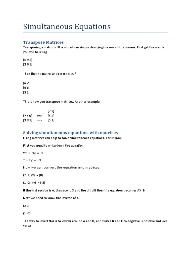 Simultaneous Equations: Transpose Matrices | PDF | Teaching Methods ...