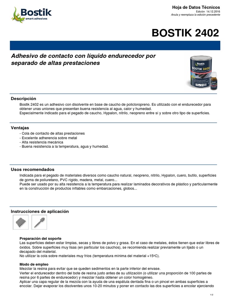 Pegamento Hoja-Tecnica-Tds-Bostik-2402-Neopreno | PDF | Caucho natural ...