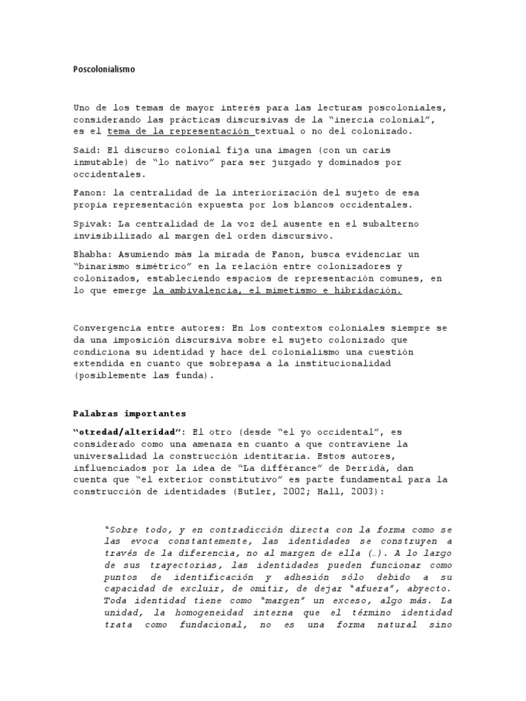 Poscolonialismo Resumen | PDF | Poscolonialismo | Psicoanálisis