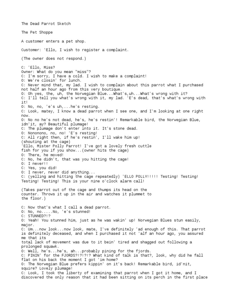 The Dead Parrot Sketch | PDF