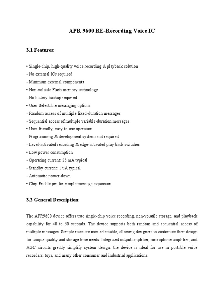 APR 9600 RE-Recording Voice IC: 3.1 Features | PDF