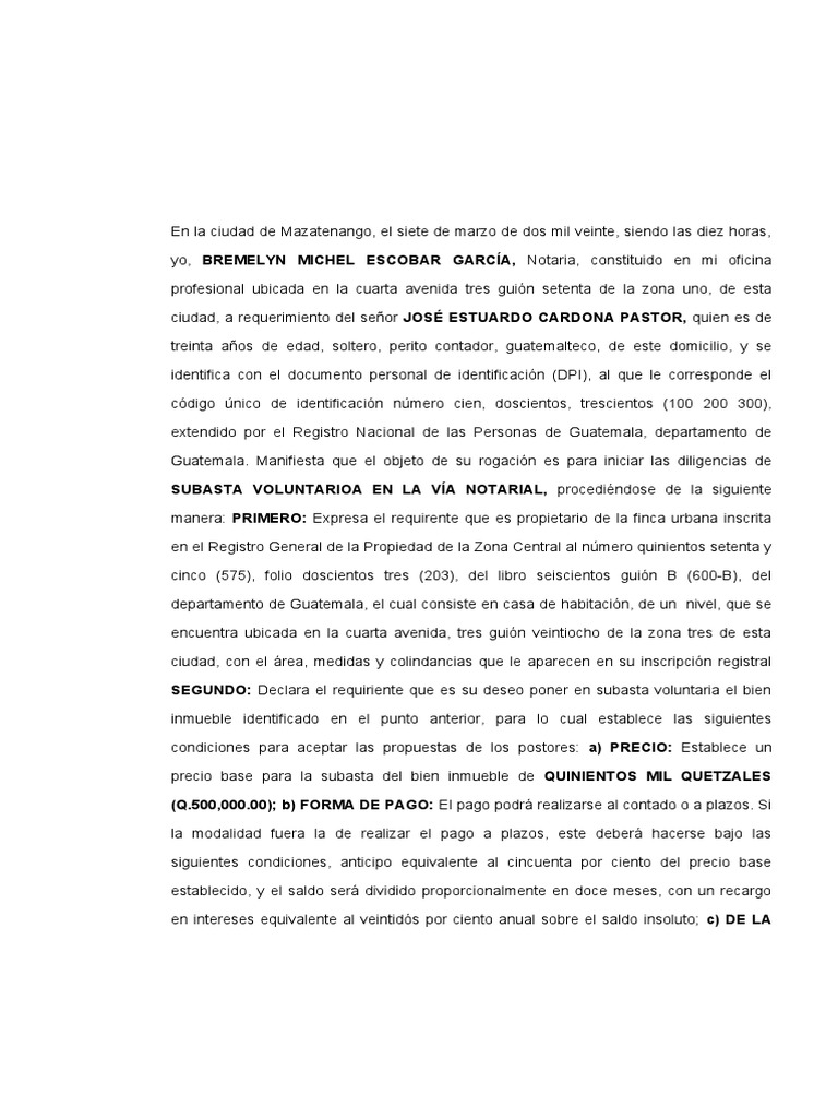 Acta Notarial de Requerimiento de Subasta Voluntaria | PDF | Subasta | Hipoteca Comercial