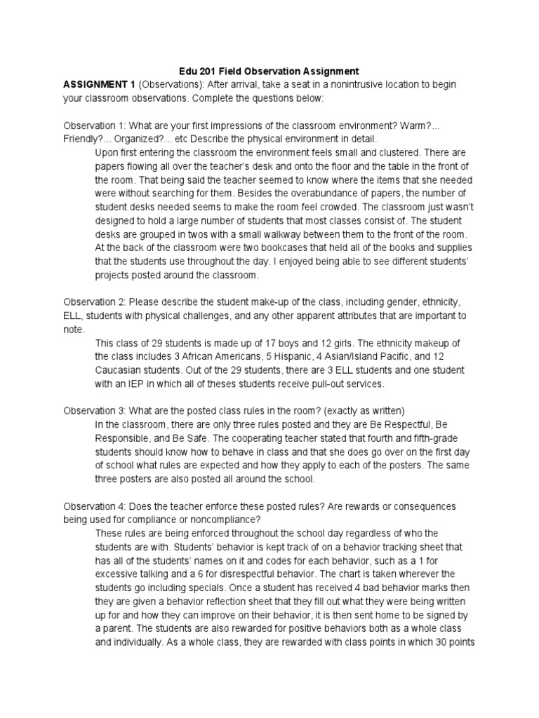 Edu 201 Field Observation Assignment | PDF | Classroom | Inclusion ...