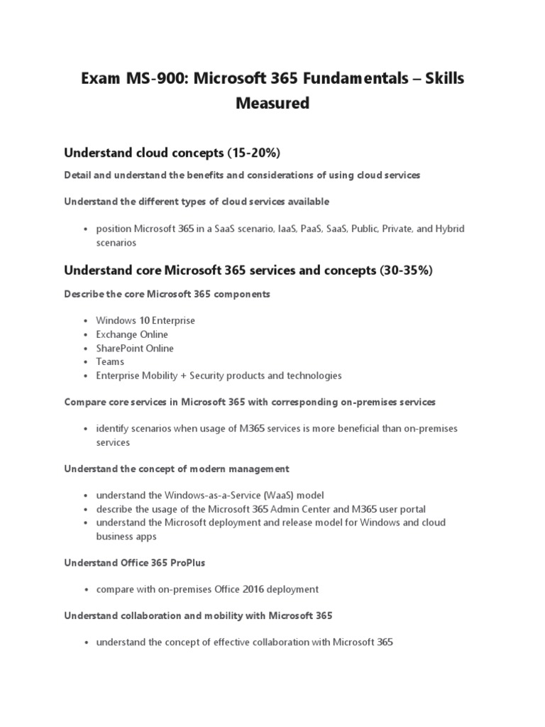Exam Ms 900 Microsoft 365 Fundamentals Skills Measured PDF | PDF ...