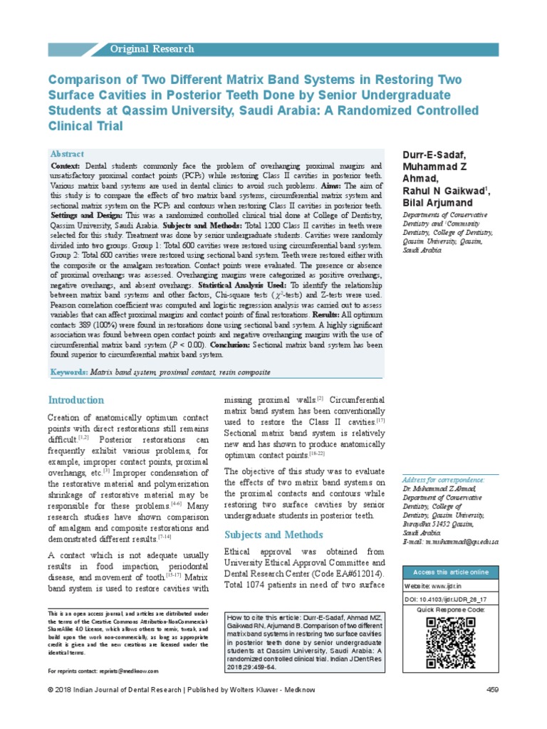 Comparison of Two Different Matrix Band Systems in Restoring Two ...