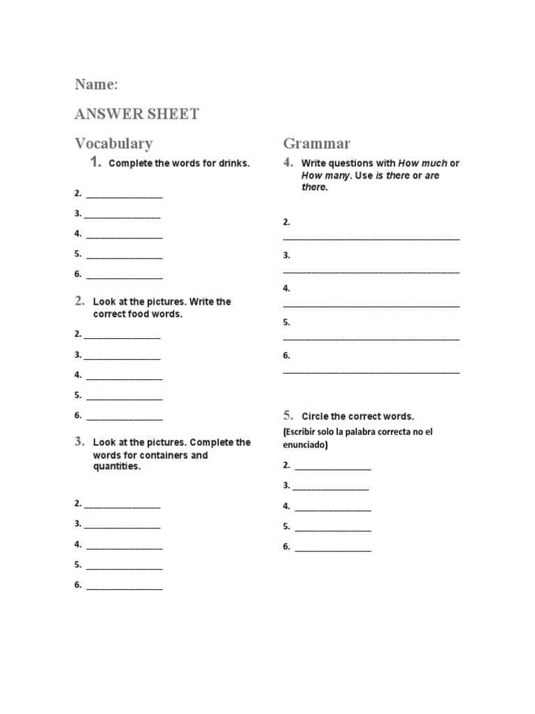Name: Answer Sheet Vocabulary Grammar: Complete The Words For Drinks ...