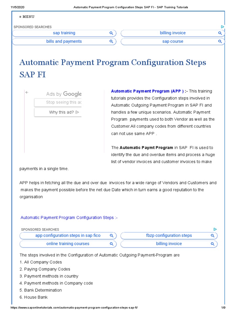 Automatic Payment Program Configuration Steps SAP FI - SAP Training Tutorials | PDF | Payments ...