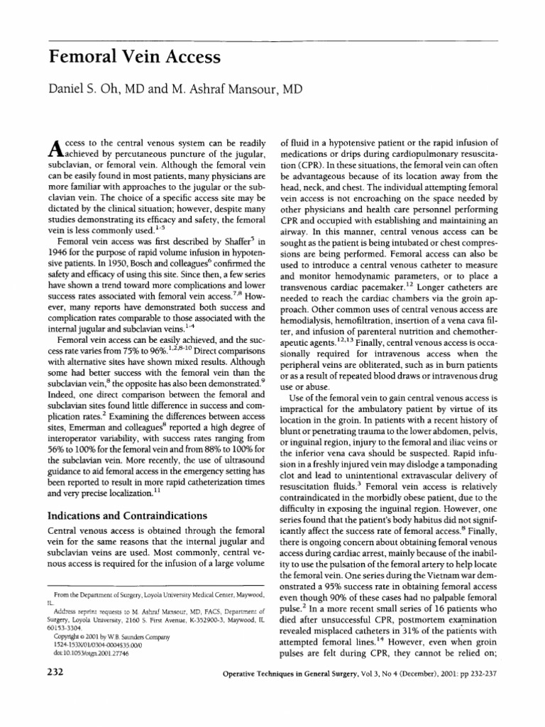 Femoral Vein Access: Daniel S. Oh, MD and M. Ashraf Mansour, MD | PDF ...