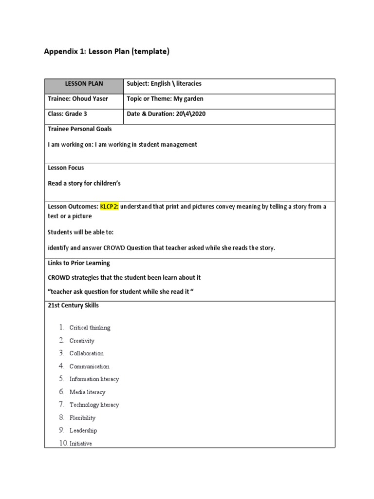 Appendix 1: Lesson Plan (Template) : I Am Working On: I Am Working in ...