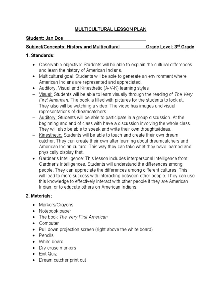 Multicultural Lesson Plan Student: Jan Doe Subject/Concepts: History ...