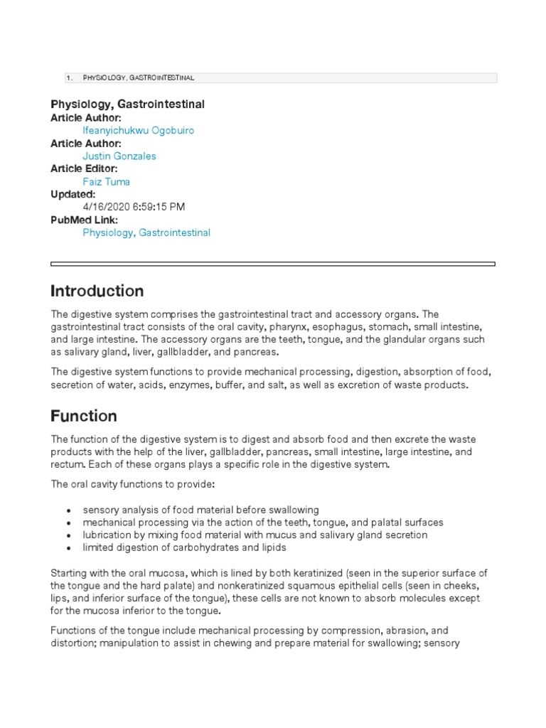 Physiology, Gastrointestinal Article - StatPearls PDF | PDF | Human ...